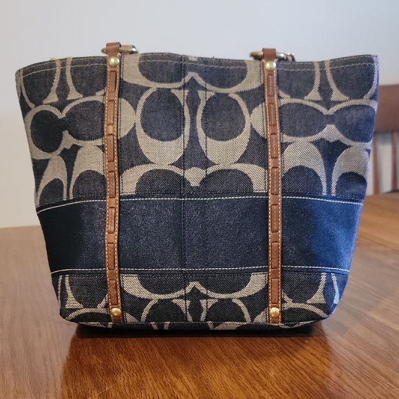 Coach | Bags | Coach Navy And Tan Signature Tote Bag | Poshmark